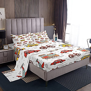 Feelyou Cartoon Car Bed Sheets Set Kids Train Airplane Print Sheet Set Boys Girls Decor Bus Bicycle Rider Sheets with Deep Pocket Fitted Sheet Microfiber Aircraft Red Bedding Set Bedroom Queen