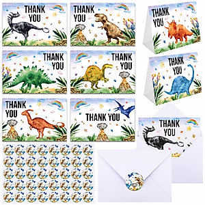 Epakh 40 Pieces Watercolor Dinosaur Thank You Cards with Matching Envelopes and Stickers Jungle Animals Woodland Blank Cards Blank Notes Cards for Birthday Kids Party Baby Shower (Dinosaur Style)