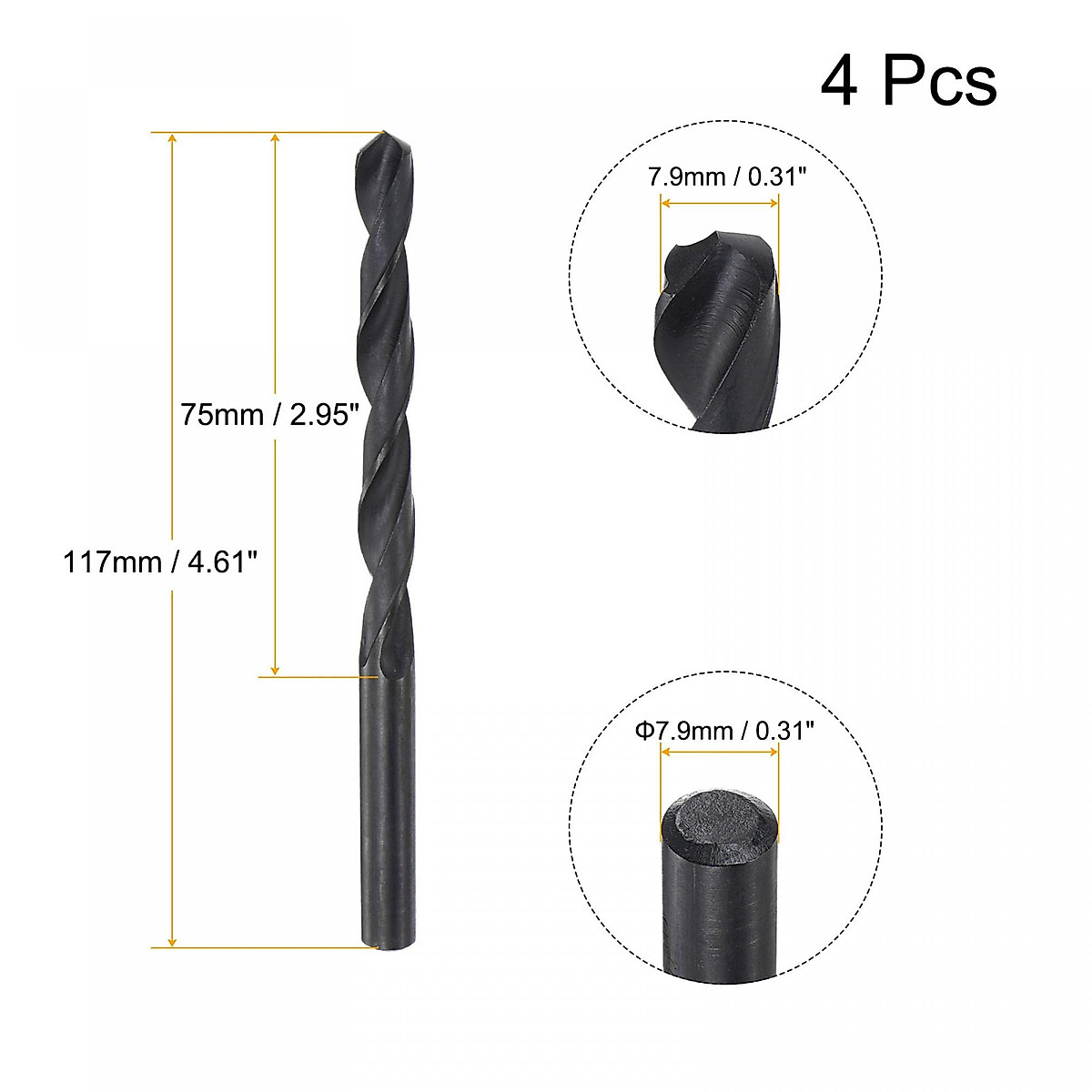 uxcell 6542 High Speed Steel Straight Shank Twist Jobber Drill Bit, Fully Ground Black Oxide Drill Bits 7.9mm Drill Diameter 117mm Total Length 4 Pcs