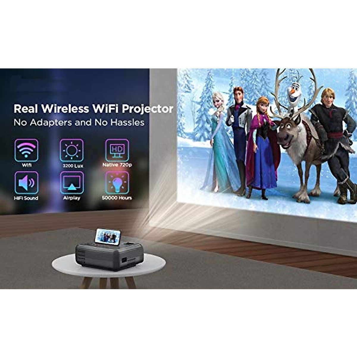 BSD HiBeamer GC333 Mini,Airdrop Projector,1080p and 150'' Display Supported, WiFi Wireless Intelligent High-Definition LCD Available and Portable.(Wireless co-Screen(Miracast))