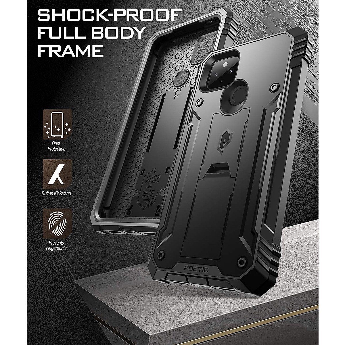 Poetic Revolution Series for Google Pixel 5 Case, Full-Body Rugged Dual-Layer Shockproof Protective Cover with Kickstand and Built-in-Screen Protector, Black