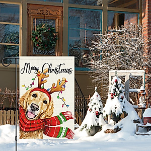 Louise Maelys Merry Christmas Garden Flag 12x18 Double Sided, Burlap Welcome Winter Christmas Golden Retriever Dog Garden Yard Flags for Xmas Outside Outdoor Decoration (ONLY FLAG)
