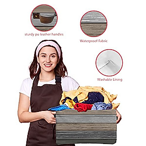 Beige Grey Ombre Storage Bins 1 Pack, Large Waterproof Storage Baskets for Shelves Closet, Brown Farmhouse Retro Wooden Striped Storage Basket Foldable Storage Box Cube Storage Organizer with Handles