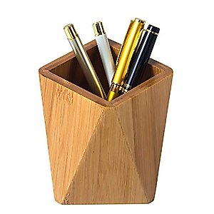 YOSCO Bamboo Wood Pen Holder Stand for Desk Geometric Pencil Cup Pot Cute Desktop Office Supplies, Makeup Brushes Organizer (Bamboo)