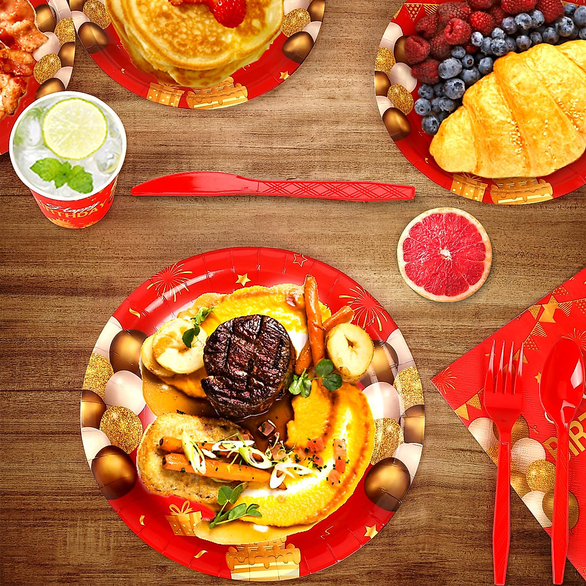 168 Pcs Red and Gold Party Supplies Tableware Set Happy Birthday Plates, Knife,Forks,Spoons, Cups and Napkins Table Decorations for Women Girls Birthday Party Decorations, 24 Guests