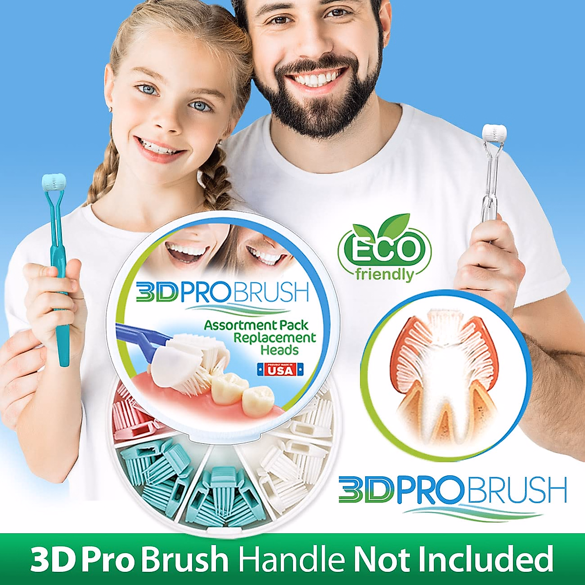3D PRO BRUSH | 3-Sided Toothbrush | 7-Pack Replacement Heads | 3X Triple Clean + Soft Gum Massage| Built-In Tongue Scraper | Sustainable Eco-Friendly Design | Kids Adults Braces Travel | MADE IN USA