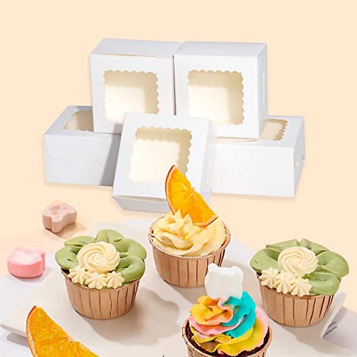TEAMAX Cookie Boxes 30pcs 4x4x2.5 Inches White Cookie Boxes with Window, Bakery Boxes, Cupcake Boxes,Cake Boxes,Treat Boxes，Dessert Boxes，Mini Cake Boxes,For Birthday Party, Wedding, Valentine's Day