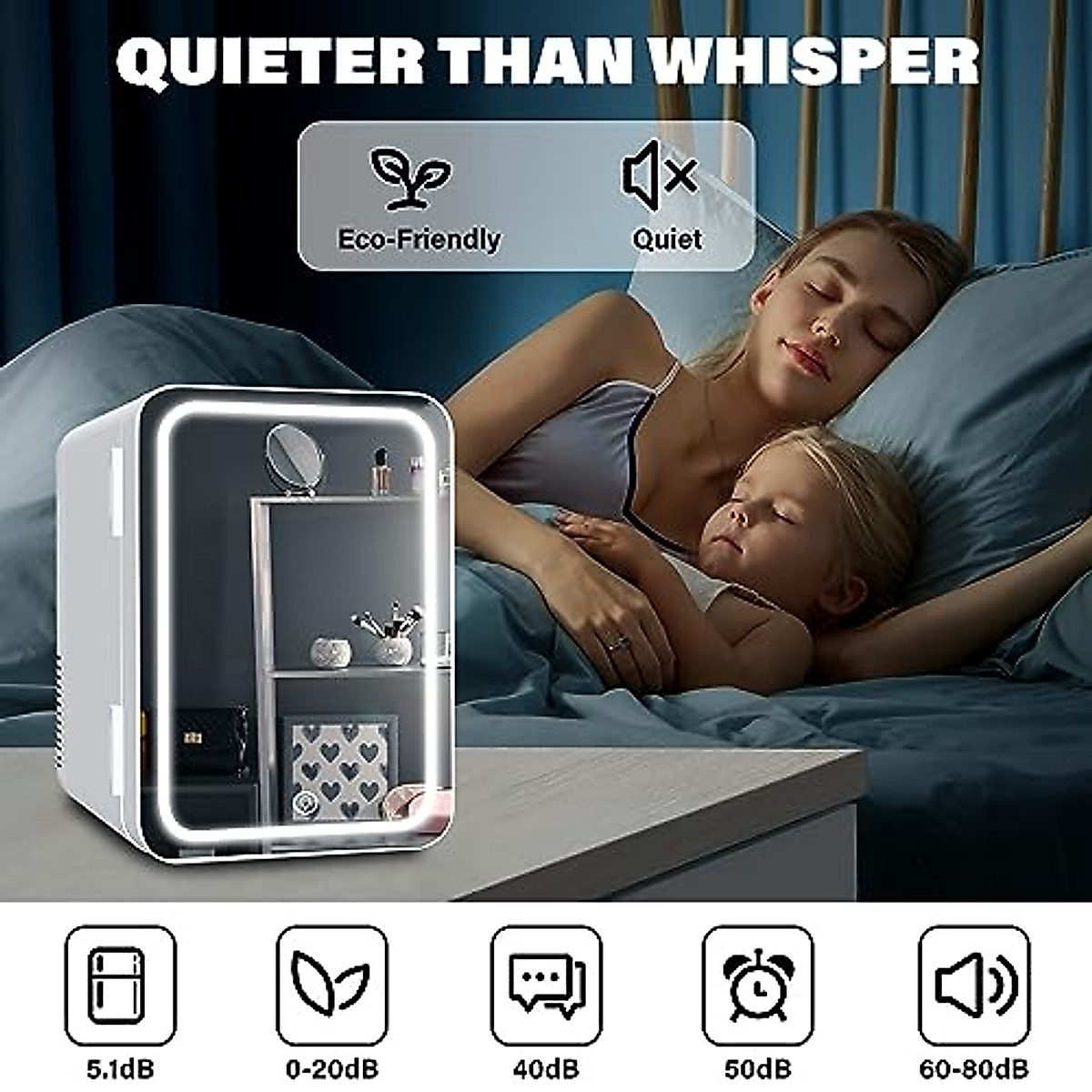 FDLQEOR Mini Fridge White with Dimmable LED Mirror(6Liter/8Can),AC/DC Powered,Cooler or Warmer, for Makeup, Skincare,Drinks and Food, Portable Mini Refrigerator for Bedroom, Office, Car