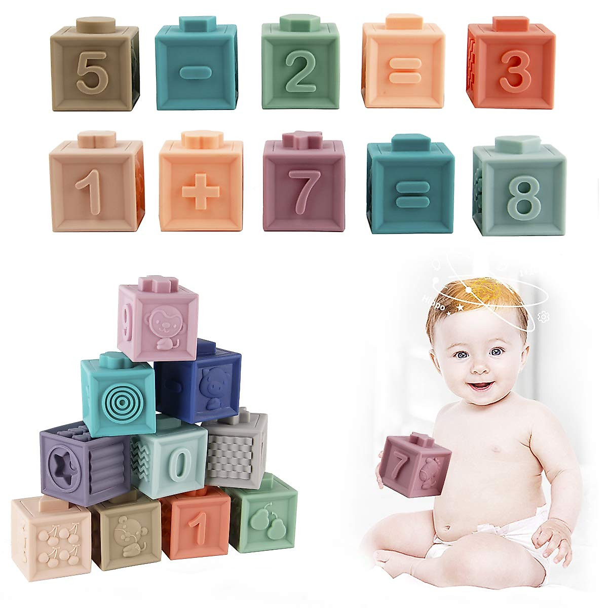 BOBXIN 15 PCS Baby Blocks Toys Soft Stacking Blocks Baby Sensory Ball Teether Infant Bath Toys Squeeze Play with Numbers Shapes Animals Fruit and Textures Toy for Babies Toddlers 6 Months