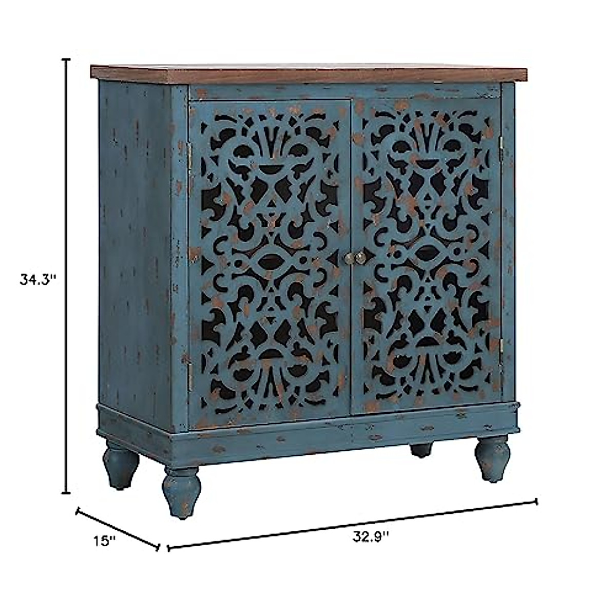 Sophia & William Accent Cabinet with Doors, Distressed Display Storage Cabinet with Wooden Frame and Hollow-Carved Floral Patterns for Entryway Living Room, Blue