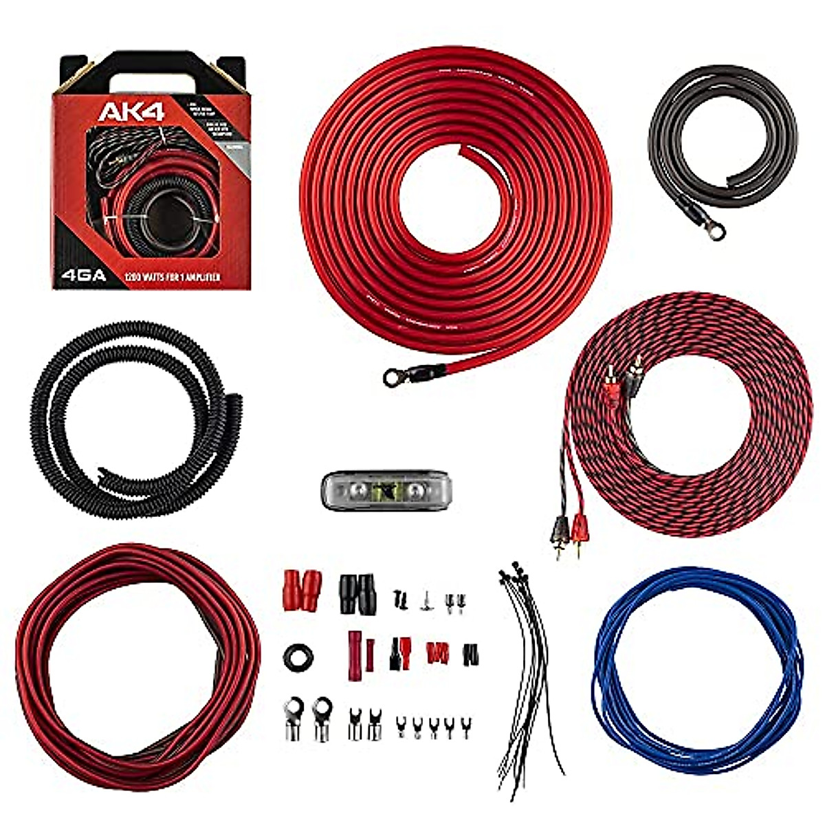 DS18 AK4 Complete 4 Gauge CCA Amplifier Installation Wiring Kit - Ampkit Helps Make Connections, Brings Power to Your Radio, Subwoofers, Speakers with Super Flex Wire - 1200W for 1 Amplifier