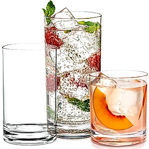 Acrylic Drinking Glasses [Set of 18] Glassware Set Includes 6-17oz Highball Glasses, 6-13oz Rocks Glasses, 6-7 oz Juice Glasses| Heavy Base Glass Cups for Water, Juice, Beer, Wine, and Cocktails…