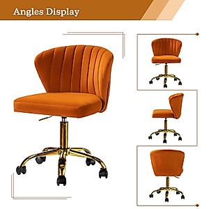 TINA'S HOME Office Desk Chairs with Wheels & Gold Base, Modern Velvet Cute Armless Office Chair, Adjustable Low Back Swivel Rolling Chair, Upholstered Task Chair for Living Room Vanity Study-Orange