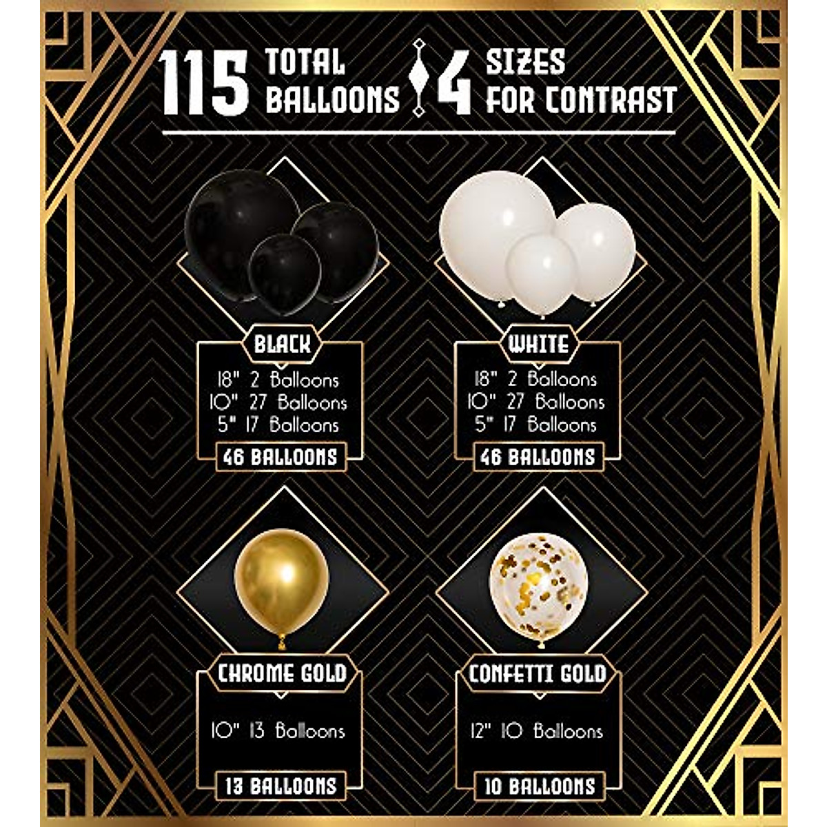 100pc EASY DIY – Black White Gold Balloon Garland Kit & Arch – Small and Large Black White and Gold Balloons with Confetti – Black and Gold Party Decorations for Graduations, New Years, Birthday