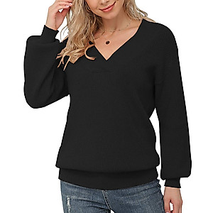 Feiersi Women's Off Shoulder Sweater Long Sleeve Loose Tops V-Neck Pullover Knit Jumper(Black,X-Large)