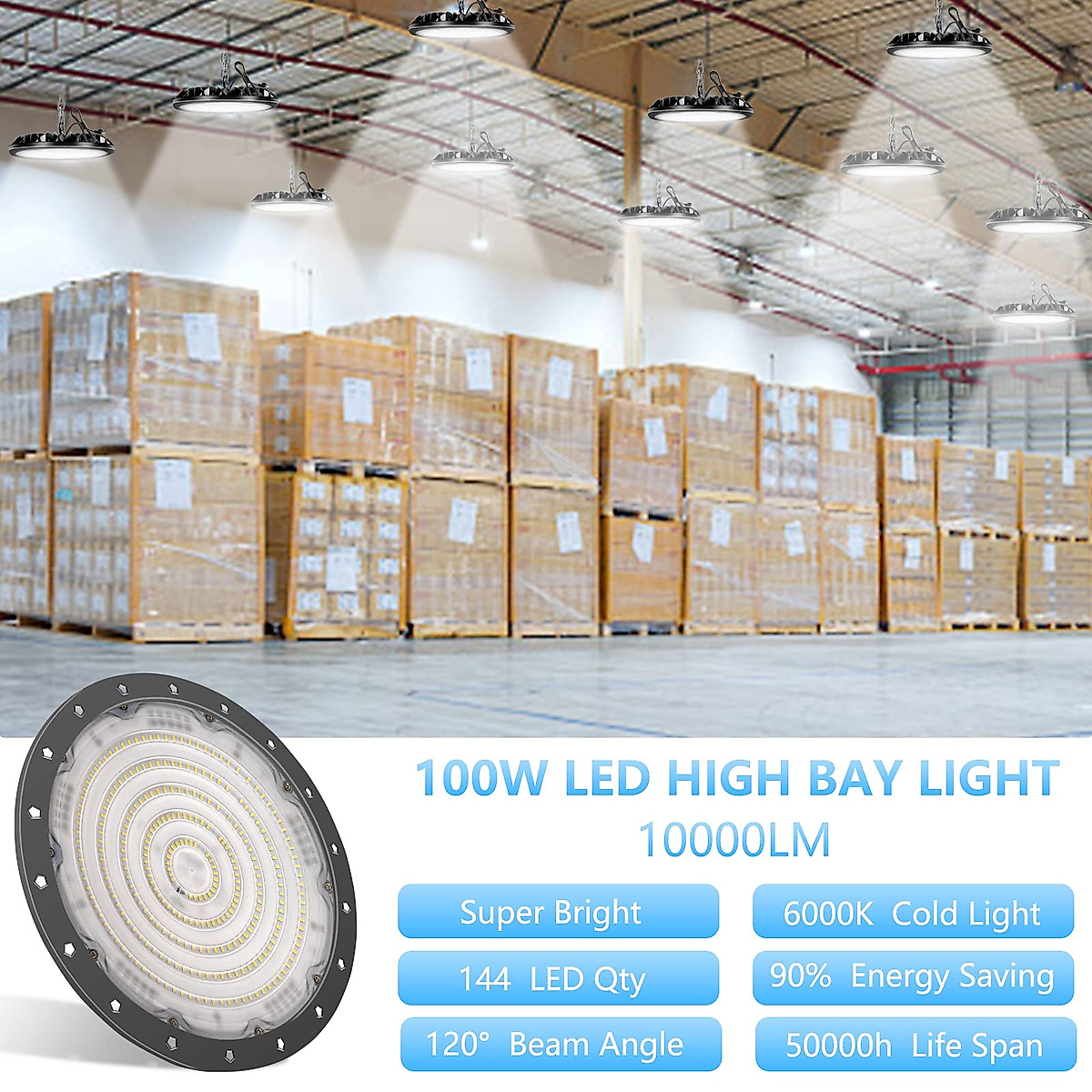 Royana 100W LED UFO High Bay Light 2 Pack, 10000LM Garage Lights High-Light Ceiling LED with 1.2M Cable 110V Plug LED Light Commercial Grade Lighting 6000K Shop Lights for Factory Warehouse Workshop