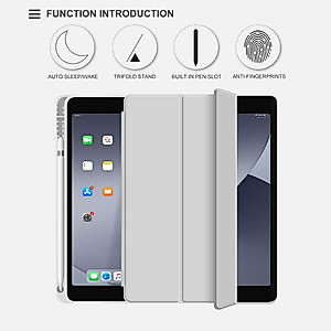 Aoub Case for iPad 9th/8th/7th Generation 10.2 inch, Auto Sleep/Wake Slim Lightweight Trifold Stand Smart Cover, Soft TPU Back Case with Pencil Holder for iPad 10.2 2021/2020/2019, Grey