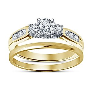 Palaksh Jewelry Round Cut White Diamond 925 Sterling Silver 14K Yellow Gold Over Diamond Three Stone Wedding Ring Bridal Set for Women's