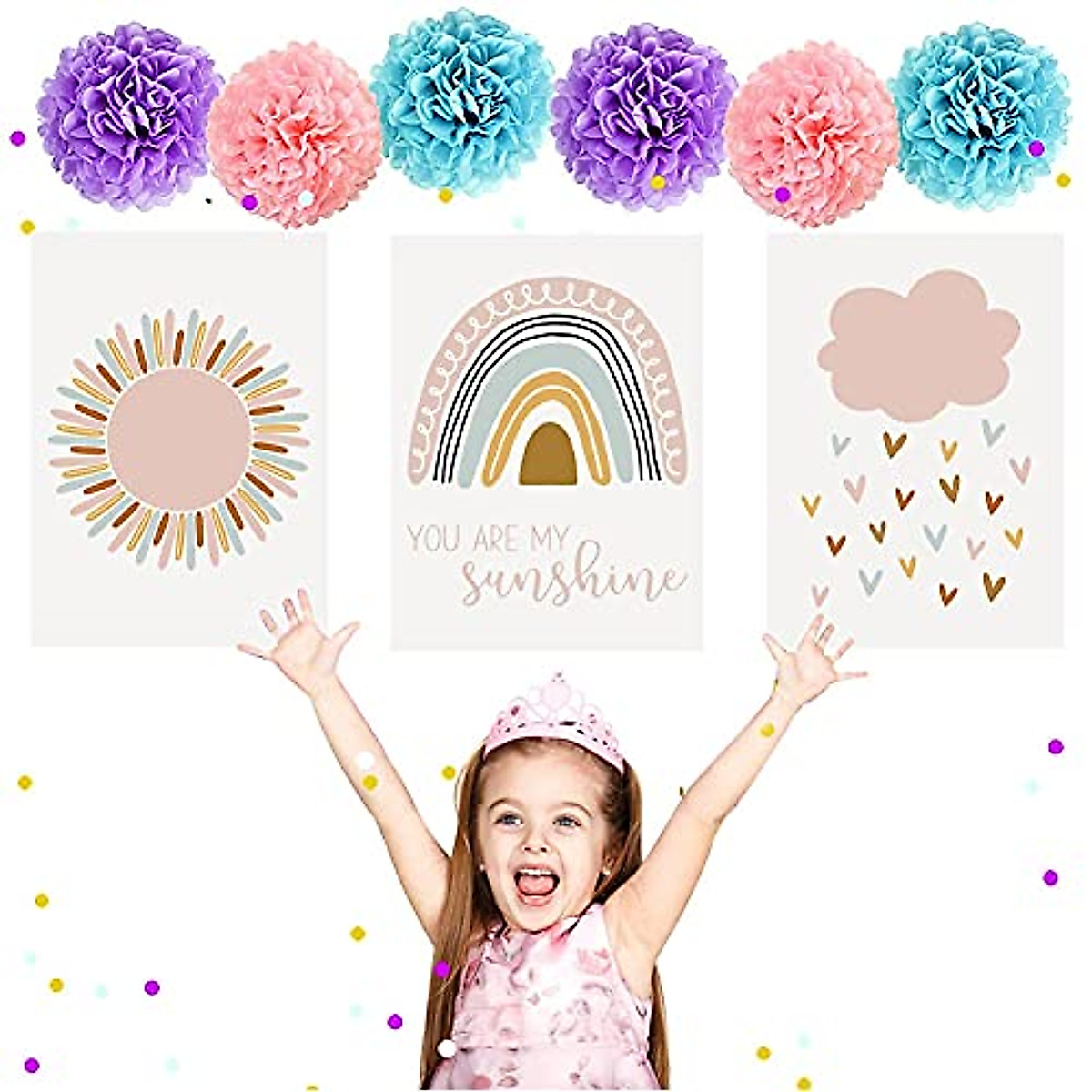 BIKCZEWIN Unframed Wall Art Prints Boho Rainbow Clouds Sun Canvas Painting Room Decor for Kids Girl Home Bedroom Classroom School Nursery Decorations