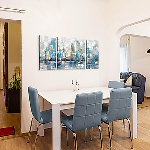 Contemporary Wall Art Abstract Picture Blue Modern City Painting Artwork Hand Painted Modern Canvas Living Room (24'' x 24'' + 24'' x 12'' x 2 Panels)