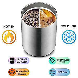 MEWAY 12 oz Lowball, Tumbler Stainless Steel Double Wall Vacuum Insulated Mug with Straw and Lid, Cleaning Brush ，Durable Powder Coated Insulated Coffee Cup for Cold & Hot Drinks (Silver, 1 Pack)