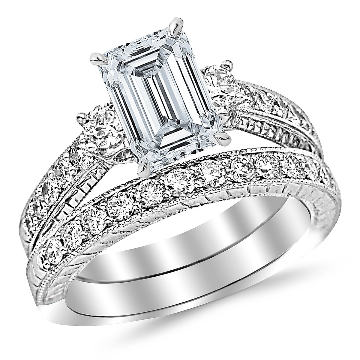 White Gold Classic Channel Set Wedding Set Bridal Band & Diamond Engagement Ring with a 0.59 Carat Emerald Cut E Color SI1 Clarity Center Stone
