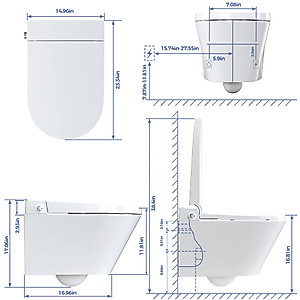 HOROW Luxury Wall Mounted Bidet Toilet with Instant Warm Water, Smart Toilet with Auto Open Lid, Heated Seat, Dryer, Modern Toilet, White Rear Discharge Toilet without Toilet Tank Carrier