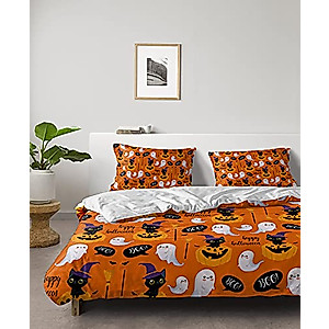 Halloween Orange Pumpkin Ghost Face Duvet Cover Sets 4 Piece Twin Ultra Soft Bed Quilt Cover Set for Kids/Teens/Women/Men,Cute Black Cat Ghost Seamless Bedding Collection All Season Use
