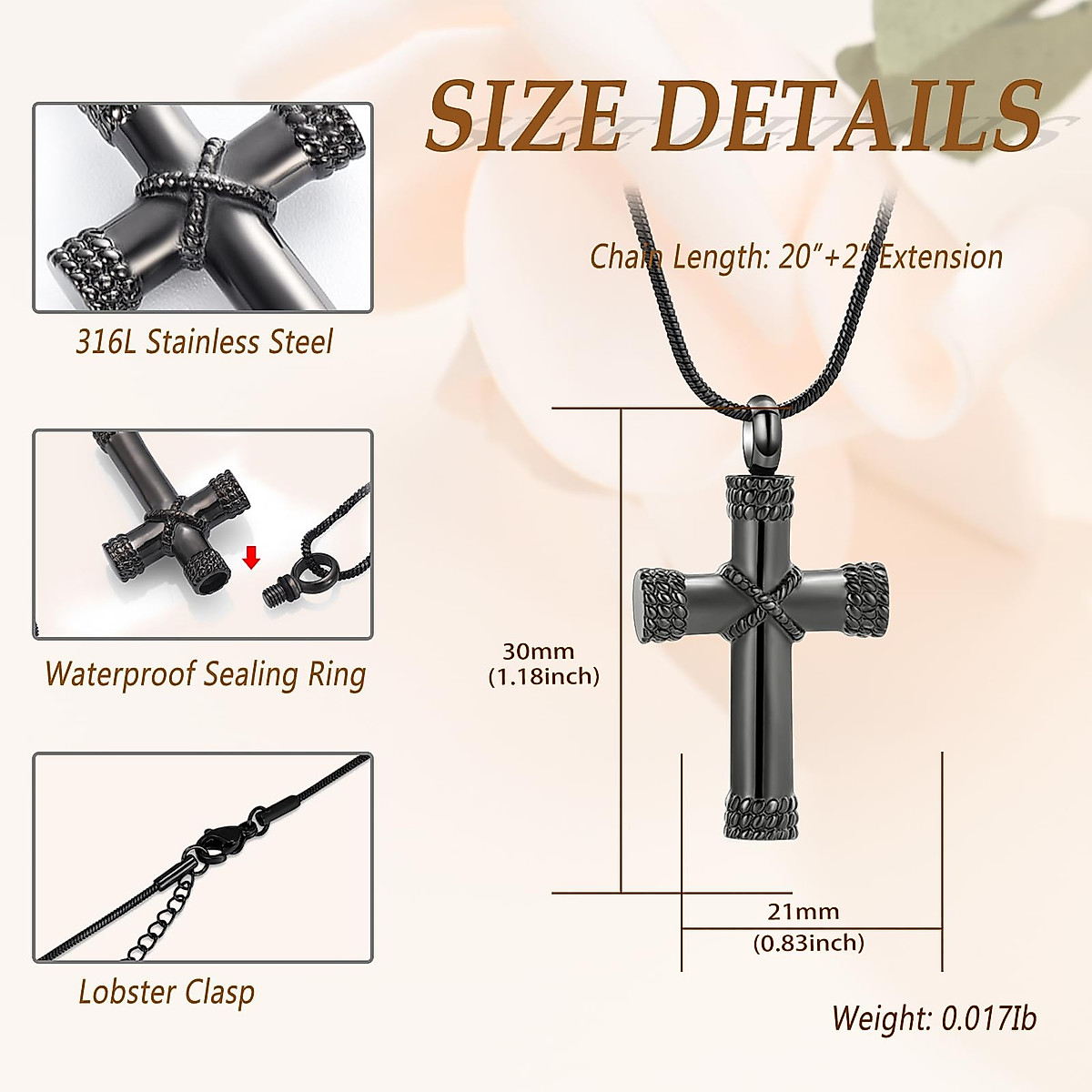 Rope Winding Cross Cremation Ashes Urn Pendant Necklace Memorial Keepsake Jewelry Lord’s Prayer Cross Ashes Necklaces (Black)