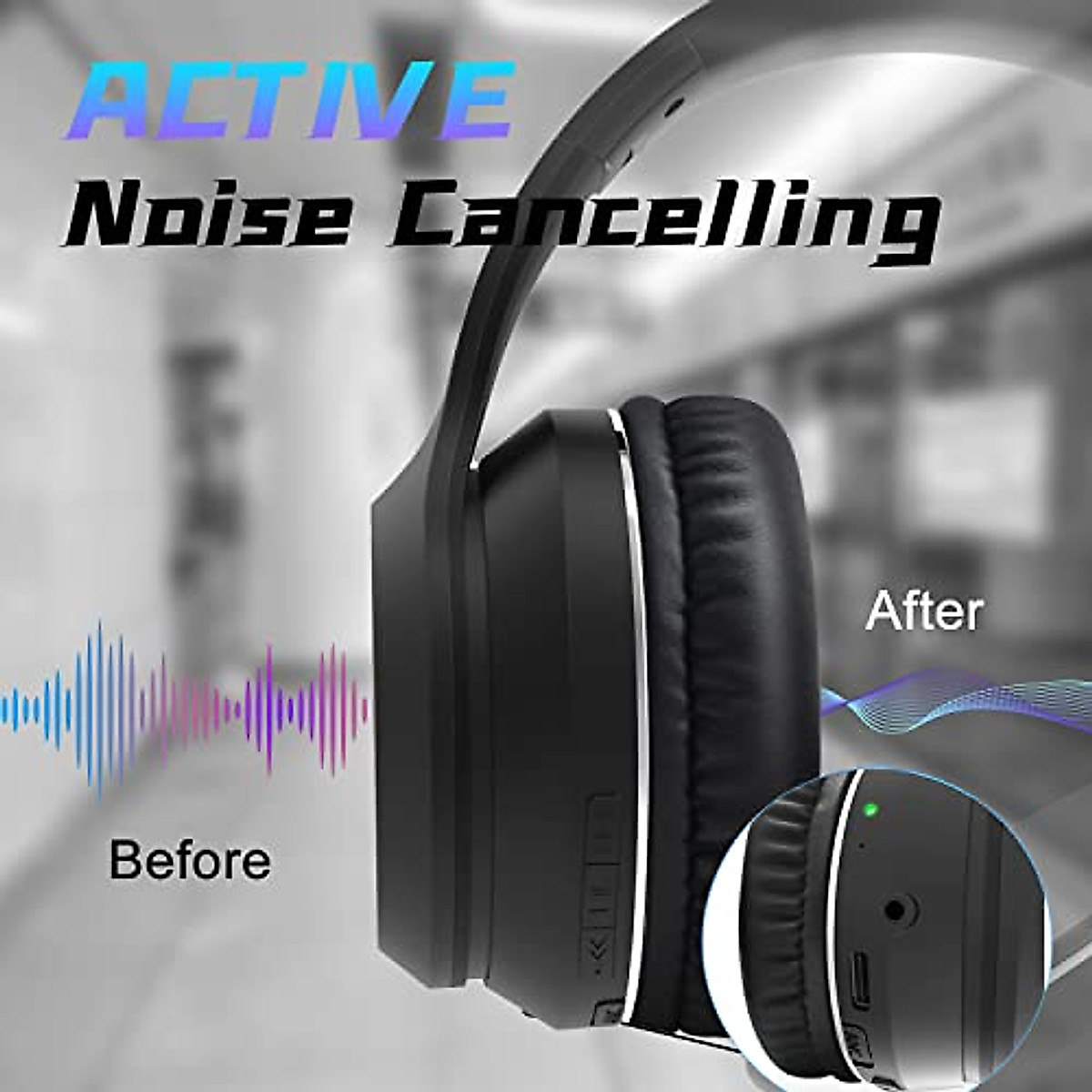 UOWGA Active Noise Cancelling Headphones, Wireless Over-Ear Bluetooth Headphones, Built-in Microphone, Fast Charge 30H Playtime Deep Bass, Memory Foam Ear Cups Foldable, for Work, Travel, Home Black