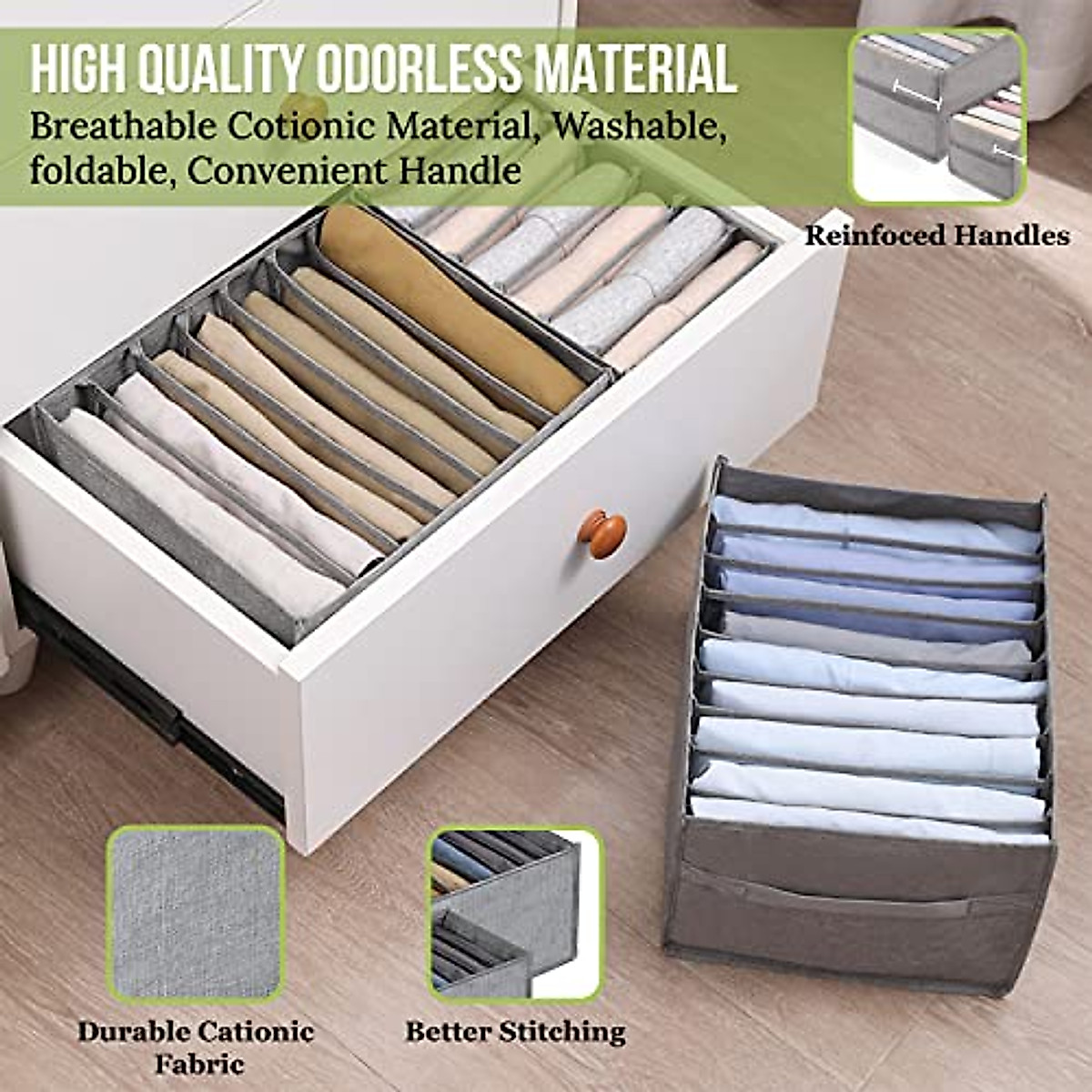 3PCS Washable Wardrobe Clothes Organizer, Foldable Drawer Organizer For Jeans, Pants, Leggings, T-Shirts, Skirts, Socks, Kid (SET OF 3,7&7&9 GRIDS), Grey, LS-C211203