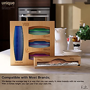 Bamboo Ziplock Bag Storage Organizer with Foil Cutter and Plastic Wrap Dispenser - Wooden Baggies Holder for Drawer - Kitchen Organization for Gallon, Quart, Snack, and Sandwich Bags - Magnetic Foil Organizer