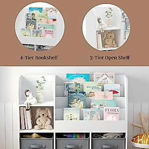 AOCOROE Kids Bookshelf, Wooden Bookcase, Toy Storage Cabinet Organizer with 4-Tires Bookshelf, Book Organizer with 3 Collapsible Fabric Drawers