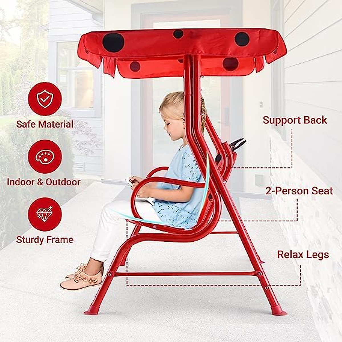 Fireflowery Kids Patio Swing, 2-Seater Outdoor Hanging Swing Bench w/Removable Canopy & Safety Belt, Porch Swing Lounge for Patio Garden Balcony Yard (Red Beetle)