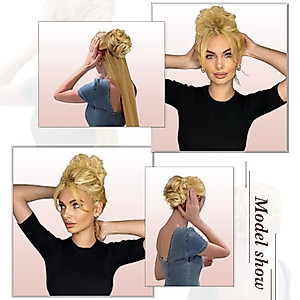 Claw Clip Messy Bun Hair Piece Real Human Hair Buns Wavy Curly Chignon Hair Bun Extensions Tousled Updo Hair Buns Claw Clip Ponytail Hairpieces with Clip for Women（Brown with Blonde Highlights 3）