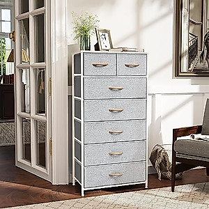 VredHom Tall Dressers for Bedroom, 7 Drawers Dresser Fabric Storage Closets Storage Units Organizer Tower Steel Frame Wooden Top for Bedroom, Hallway,Nursery, Entryway(Light Grey)