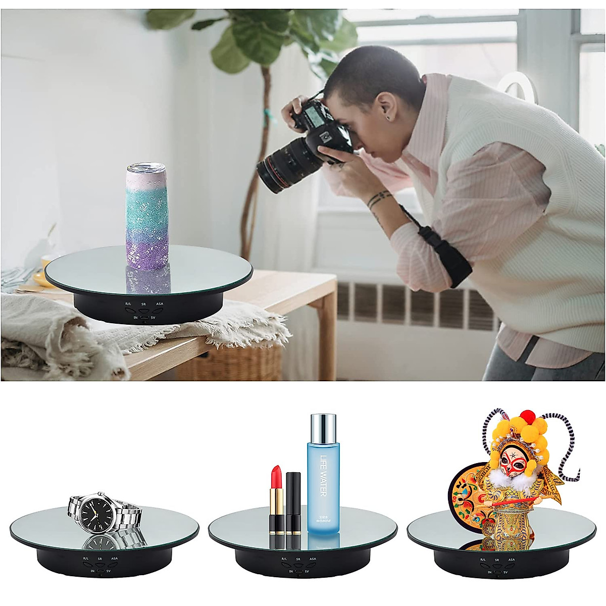 QINMAY 360 Degree Rotating Display Stand,360 Degree Photography Turntable with Remote Control,5 PVC Backgrounds,Battery/USB Power Supply for Photography Product Shows