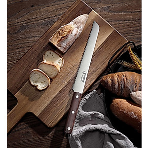 Premium 10 Inches German High-Carbon Stainless Steel Bread Knife - Ultra Sharp Serrated Blade, Full Tang Natural Wooden Handle - Ideal for Slicing Bread Cake Fruits & Vegetables