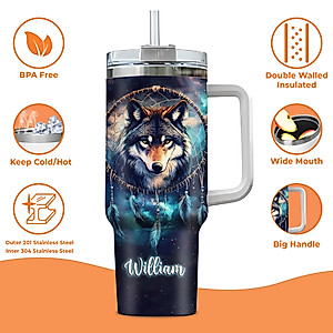 Foxcorner Personalized Wolf Tumbler 40oz with Handle & Straw - Great Wolf Dreamcatcher Gifts - Animal Lover Gifts for Men Women on Birthday Christmas - Custom Name Stainless Steel Travel Coffee Cup