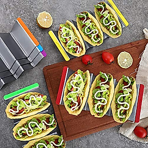 Taco Holder Stands Stainless Steel Set of 6 with Colorful Silicone Easy-Access Handle, Taco Rack, Taco Shell Holder, Taco Tray, Oven, Grill, and Dishwasher Safe, Smooth Edge