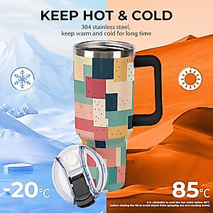 Colorful Blocks 40 Oz Stainless Steel Cup Travel Tumbler with Handle and Straw Lightweight Coffee Mug for Home Office