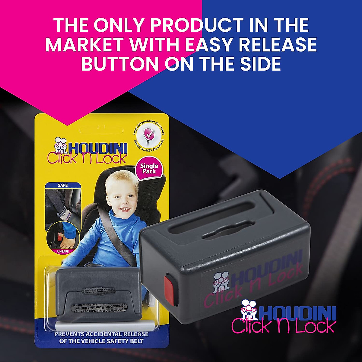 Houdini Click N Lock Car Seat Buckle Guard I Seatbelt locks for Kids and Adults with Special Needs I Child Seat Belt Buckle Cover that Prevents the accidental release of the seat belt buckle I NZ Made