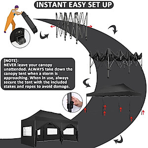 COBIZI 10x20 Pop Up Canopy with 6 Sidewall,Heavy Duty Canopy UPF 50+ All Season Wind Waterproof Commercial Outdoor Wedding Party Tents for Parties Canopy Gazebo with Roller Bag(10 x 20 ft Black)