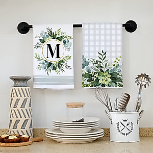 GEEORY Monogram Letter M Kitchen Towels for Home Decor Eucalyptus Leaves Family Last Name Initial Dish Towels 18x26 Inch Ultra Absorbent Bar Drying Cloth Hand Towel Bathroom Decorations Set of 2