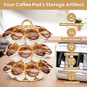 KREWEY Coffee Pod Holder, K Cup Holders，Coffee Pod Storage Compatible with K Cups (27 Pods), Spins 360-Degrees Coffee Pod Carousel Holder Organizer, Modern Gold Design (Round,Shining Gold)