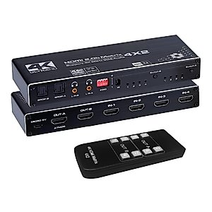HDMI Matrix 4x2, 4K@60Hz HDMI Matrix Switch 4 in 2 Out with EDID Extractor and IR Remote Control, Support HDMI 2.0b, HDCP2.2, HDR10, Ultra HD, 3D