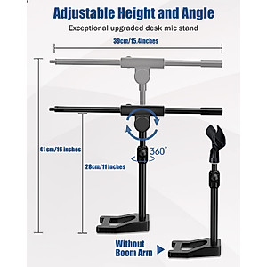 Mictop Desktop Microphone Stand, Adjustable Mic Stand with Boom Arm, Mic Clip Holder and 3/8" to 5/8" Screw Adapter for Dynamic Microphone and Blue Snowball, Blue Yeti, Kick Drums, Guitar Amps