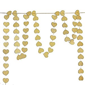 Koker Glitter Paper Heart Garland Banner, Heart-Shaped Hanging String Decoration for Weddings or Party Backdrop, Baby Shower, Glitter Gold, 13 Feet/4 m