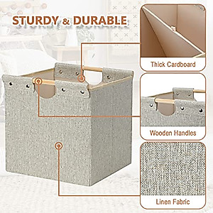 Posprica 13x13in Collapsible Storage Bins, 4 Pack Fabric Foldable Cube Storage Bins with Wooden Carry Handles, Decorative Storage Baskets for Bathroom Organizer, Shelves, Closet, Nursery, Toy -Beige