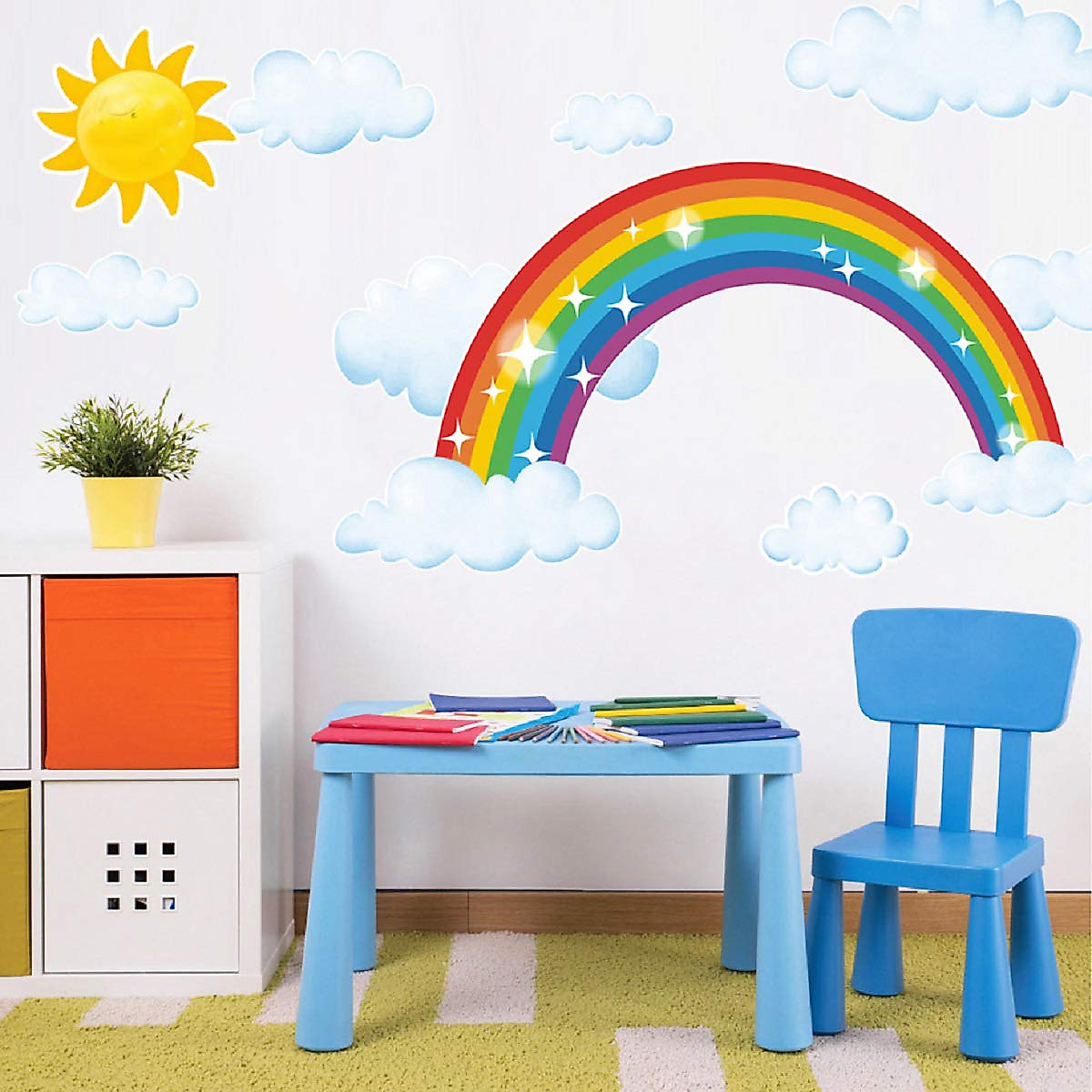 HERRA Sparkling Rainbow Cloud Animal Wall Decal Wall Sticker, Home Decor Peel and Stick Removable Rainbow Cloud Animal Wall Stickers Wall Mural for Kids Nursery Bedroom Living Room